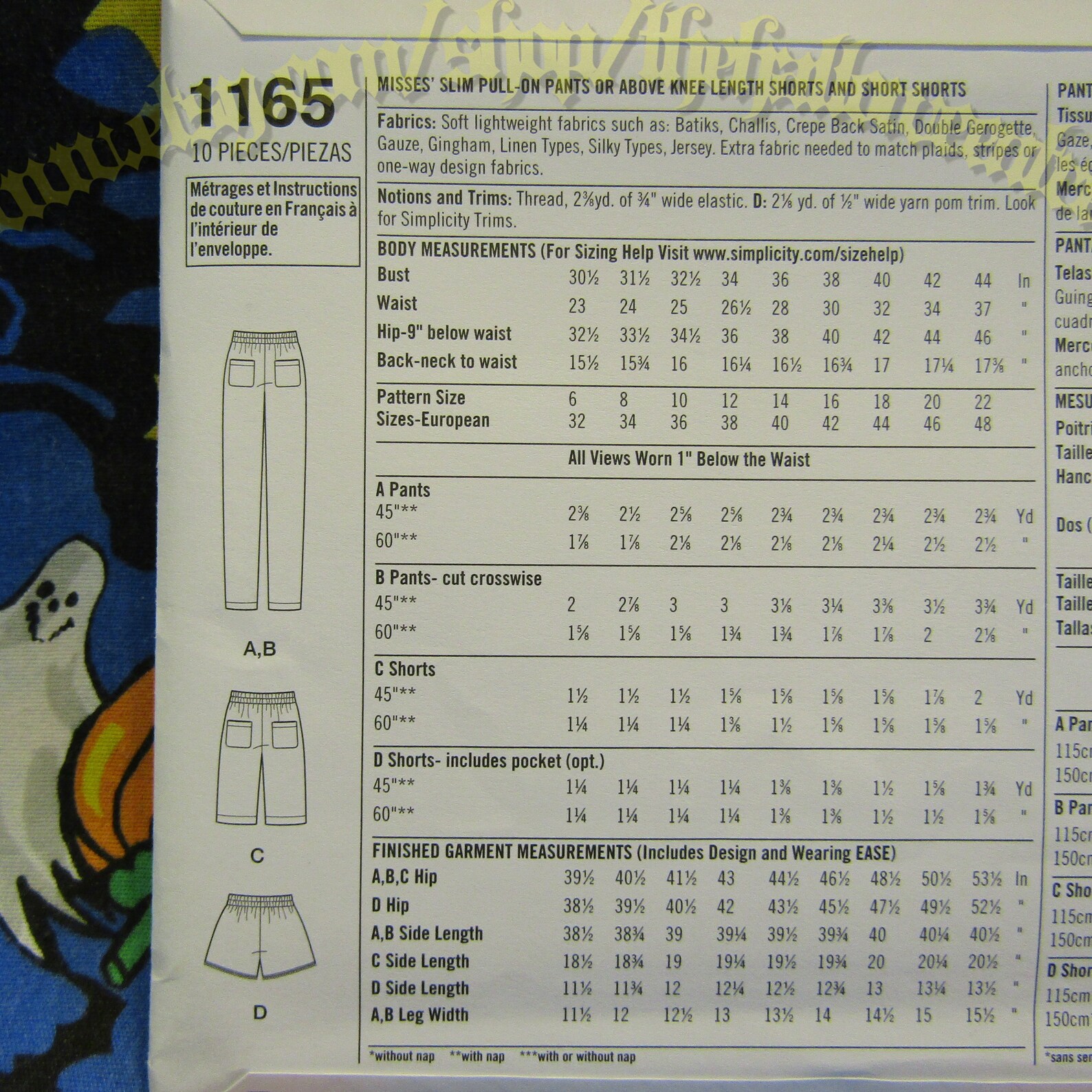 Simplicity 1165 Pull on Pants and Shorts Various Lengths Sewing Pattern ...