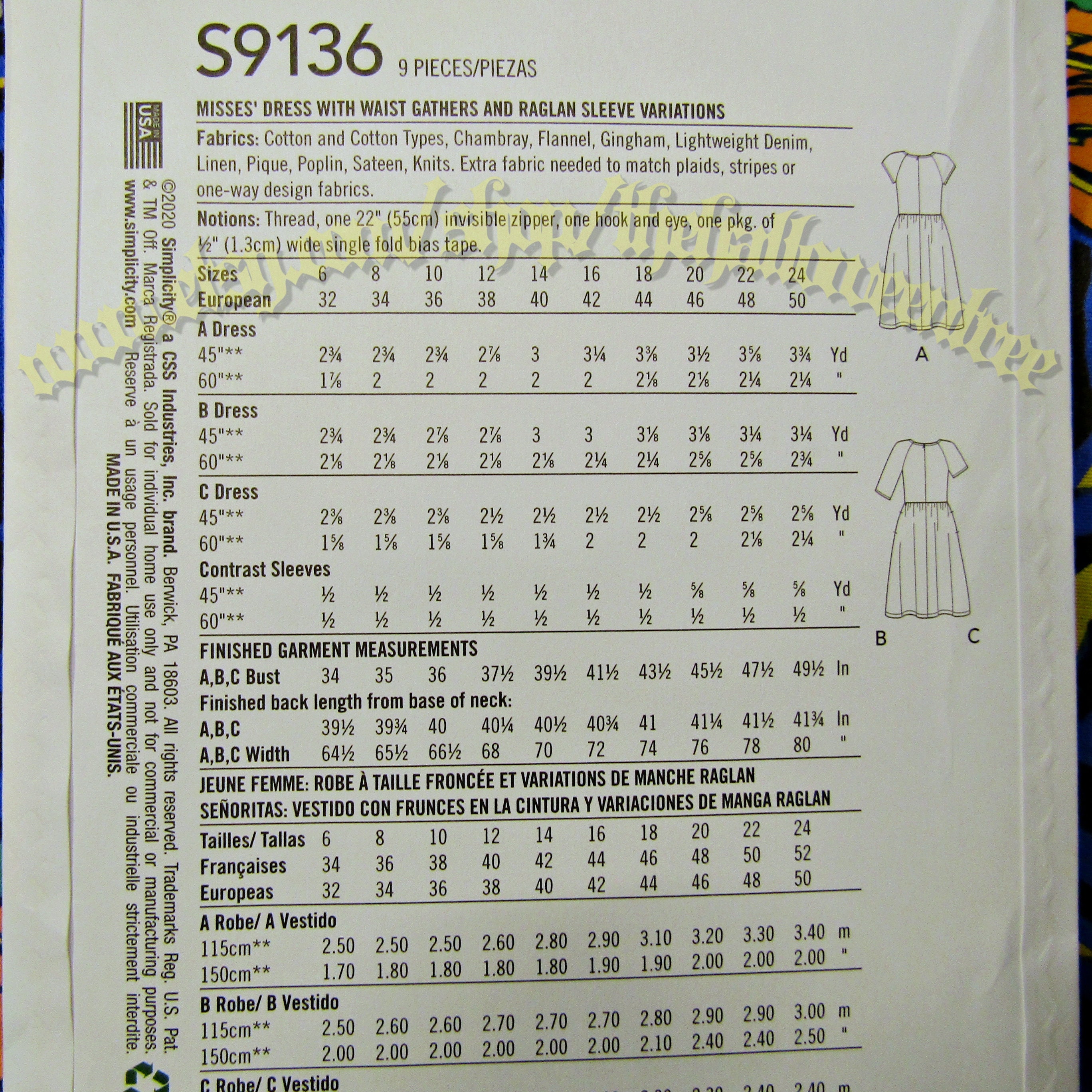 Simplicity 9136 Simple to Make Easy Raglan Dress Sewing - Etsy UK