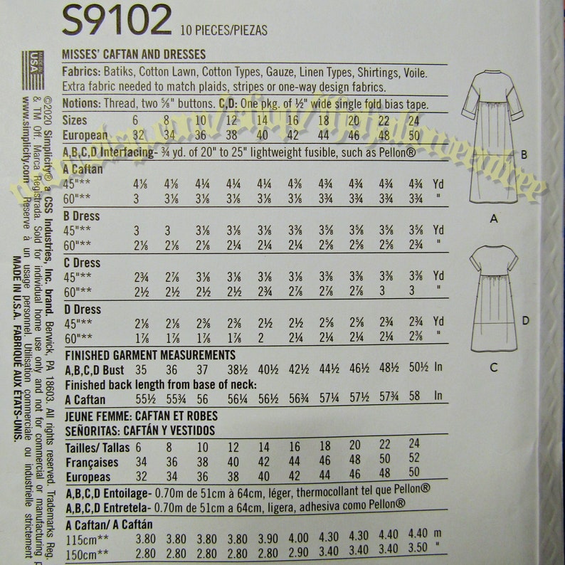 Simplicity 9102 Caftan Summer House Dress Sewing Pattern Sizes - Etsy