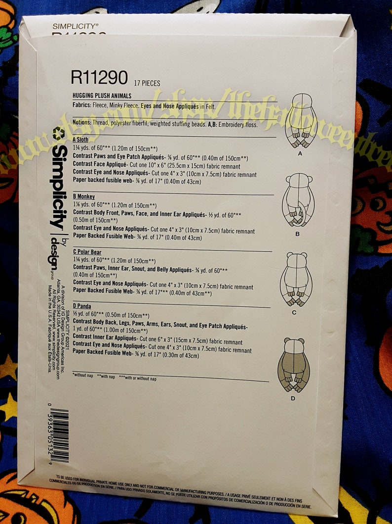 Simplicity 9442 R11290 Plush Bear Sloth Stuffed Animal Sewing - Etsy