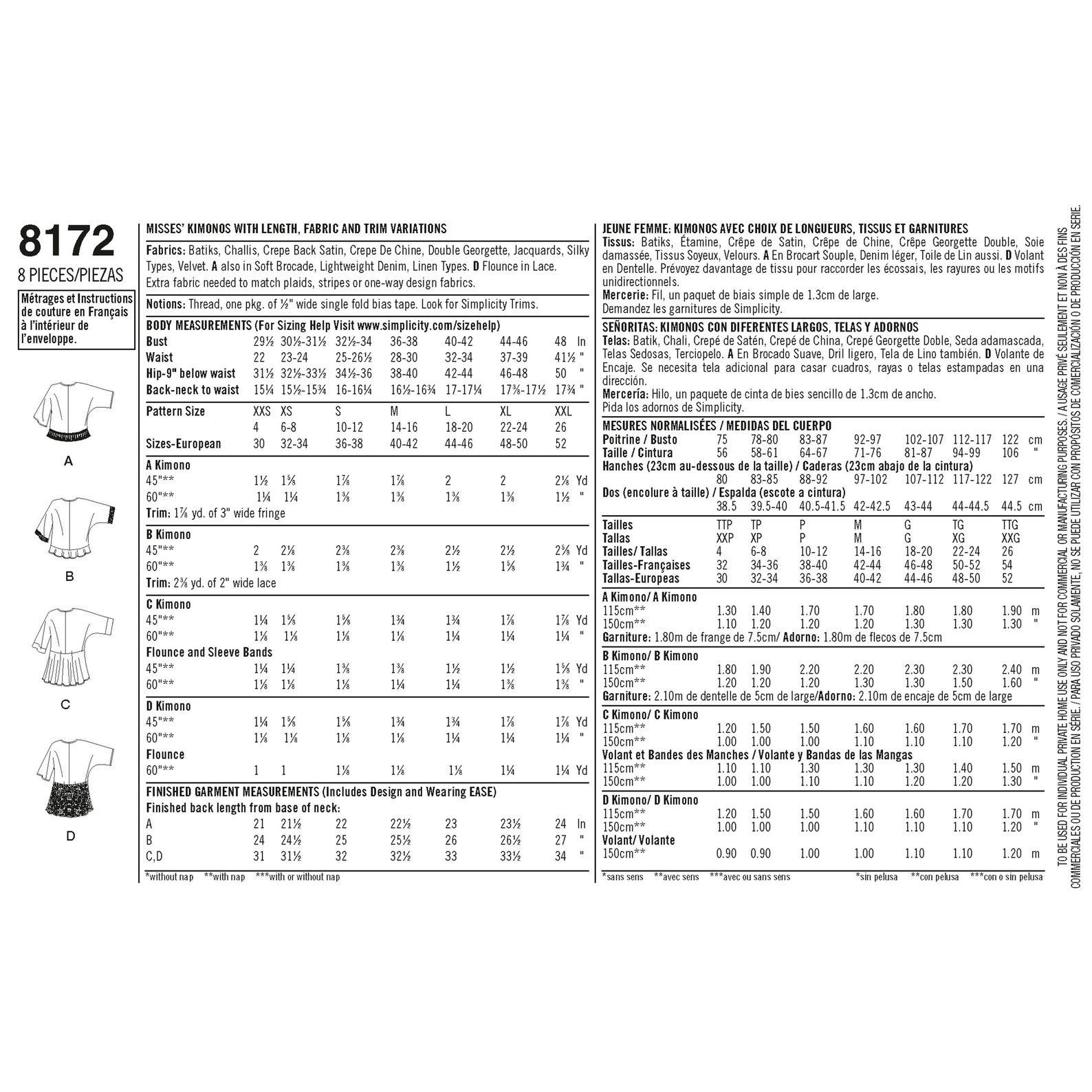 Simplicity 8172 Kimono Style Cardigan Sewing Pattern XXS-XXL - Etsy