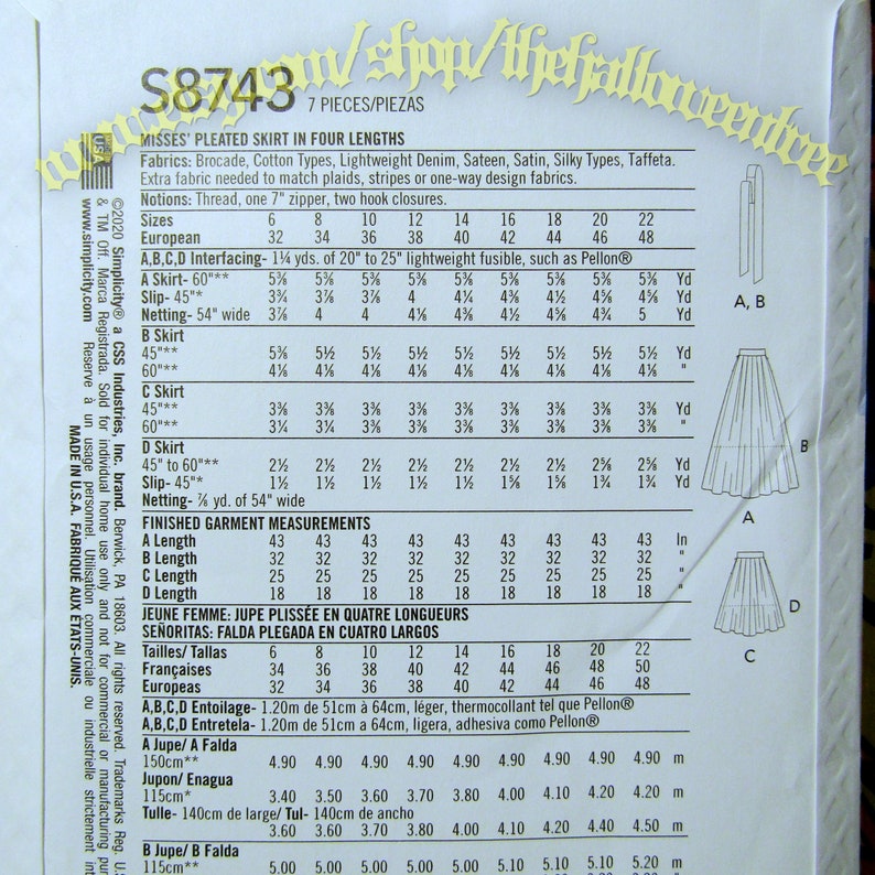 Simplicity 8743 skirt sewing pattern pleated length options | Etsy