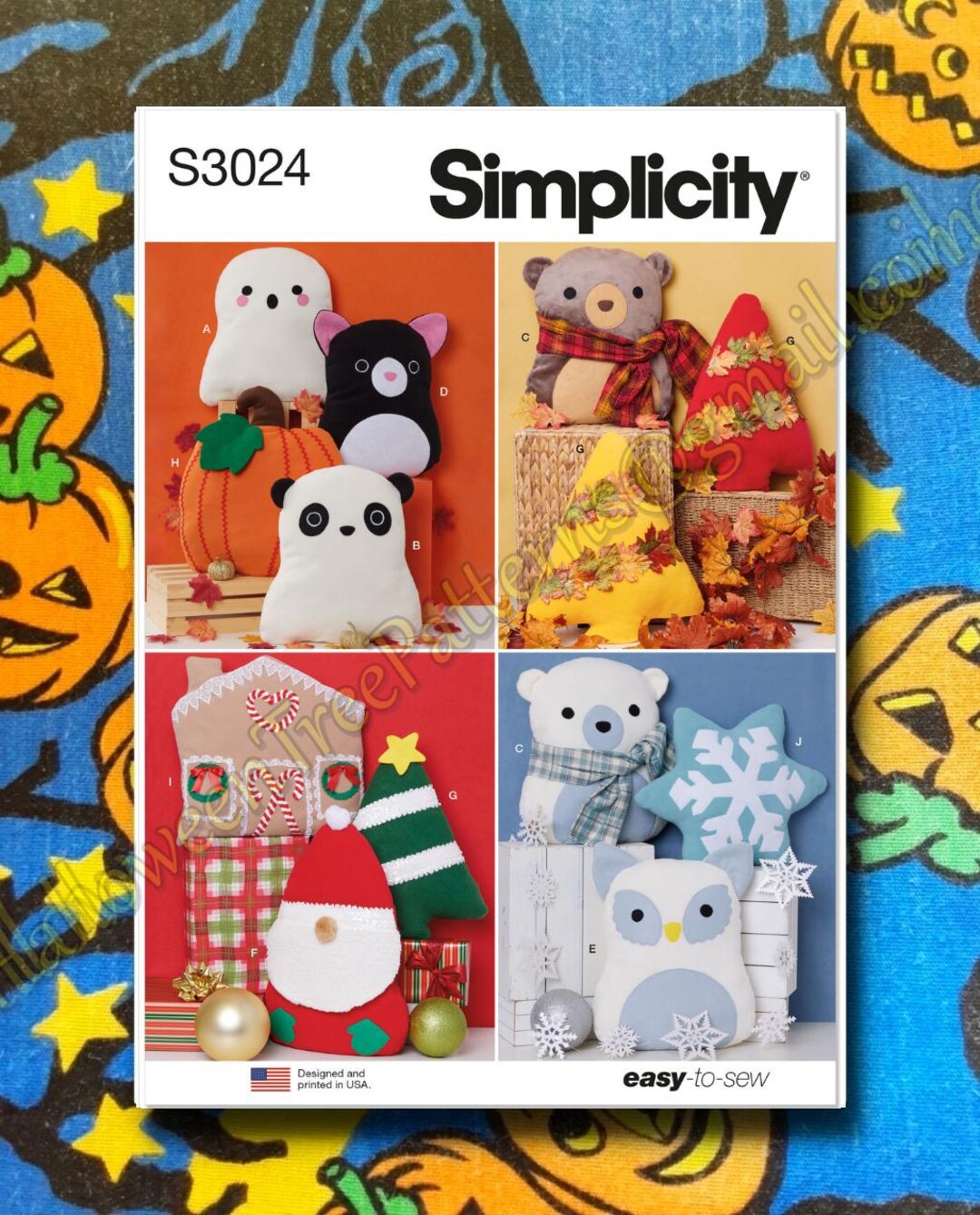 Simplicity 3024 Fall Plush Throw Pillows Ghost Owl Cat Pumpkin Sewing ...