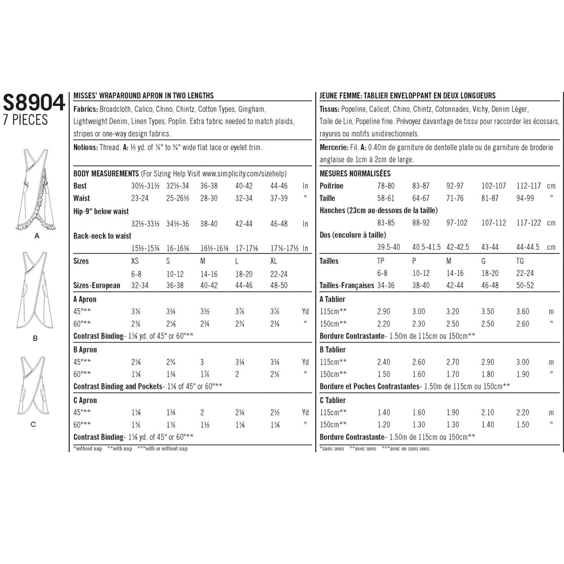 Simplicity 9312 Wrap Apron Dress Sewing Pattern Adult Sizes Xs-xl S8904 ...