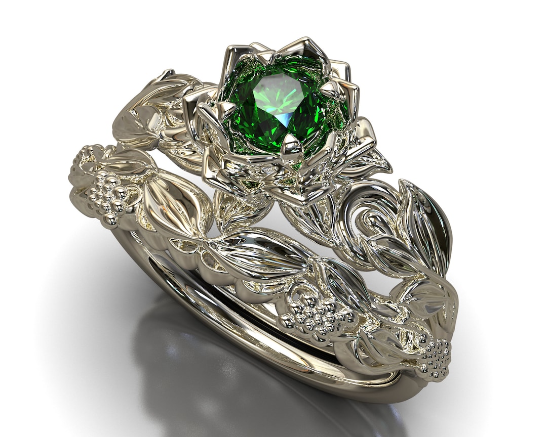 Emerald Leaf Ring, Leaf Engagement Ring White Gold, Emerald Flower Ring ...