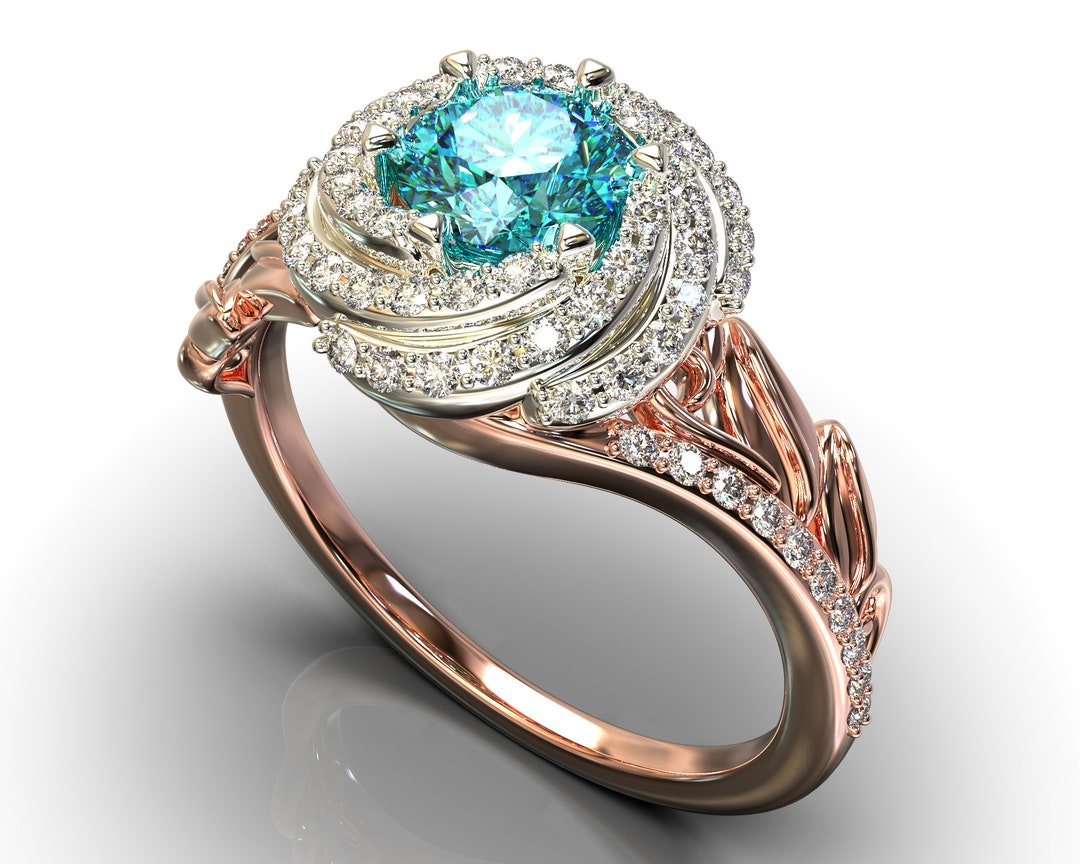 Engagement Ornamental, Unique Halo Ring, Blue Halo Ring, Aquamarine ...