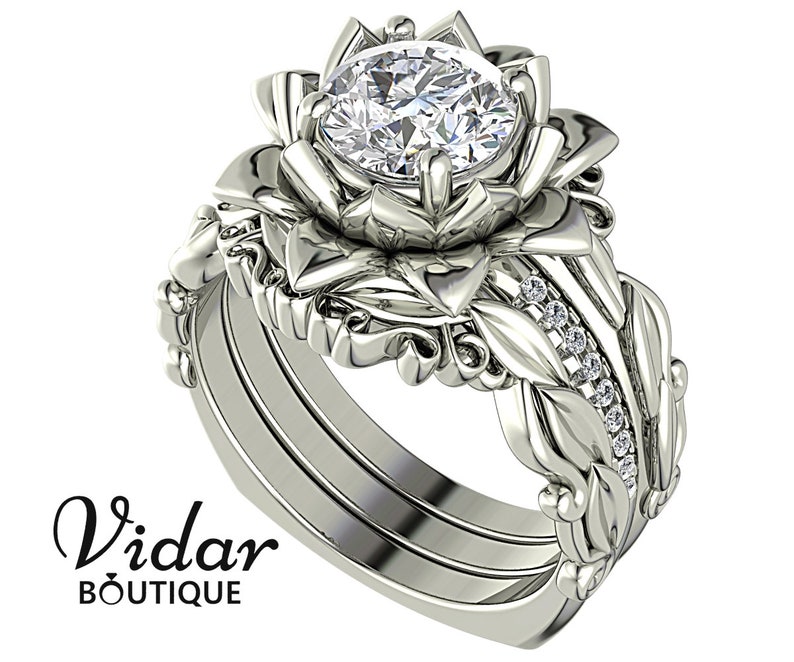 Flower Engagement Ring Wedding Ring Set Diamond Engagement | Etsy