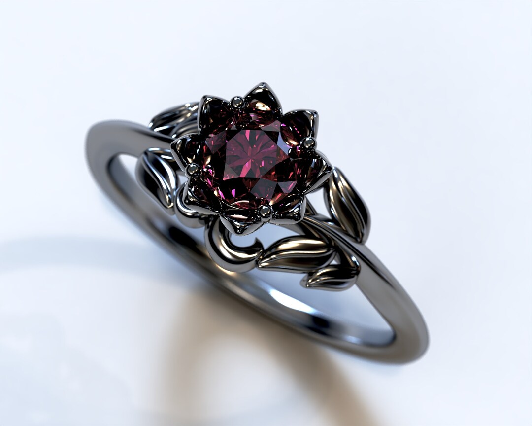 Flower Engagement Ring With Ruby / Black Gold Engagement Ring - Etsy