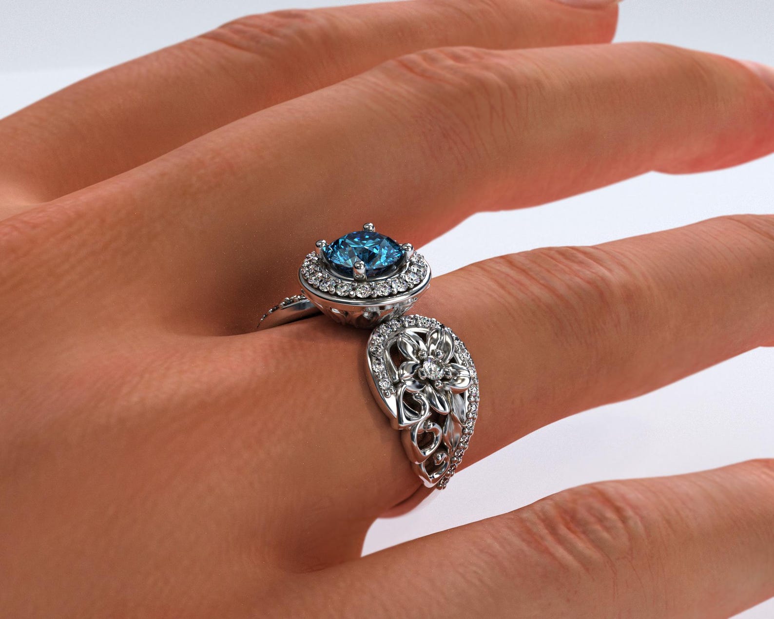 Blue Diamond Engagement Ring,unique Engagement Ring,flower Engagement ...