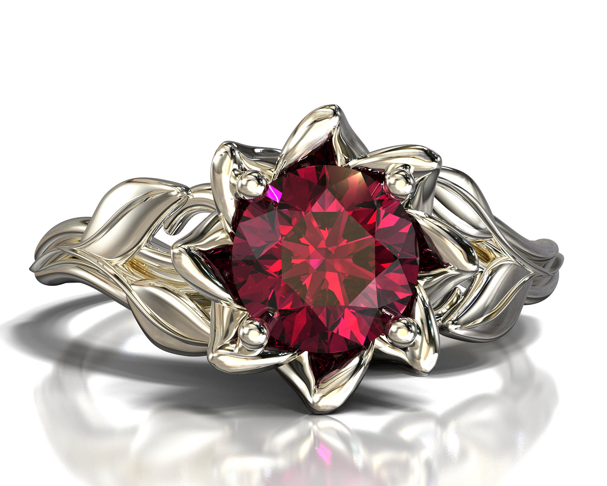Ruby Engagement Ring Nature Ring Floral Red Ruby Leaf Ring Ruby Lotus ...