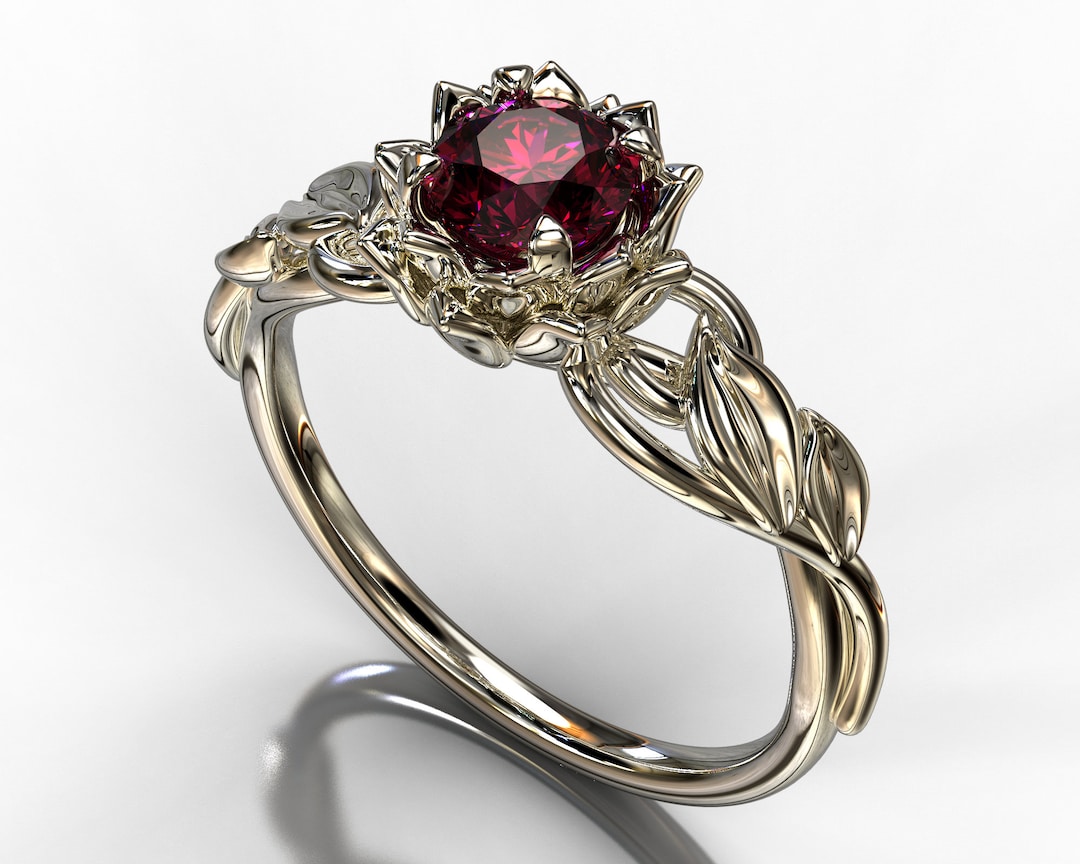 Ruby Engagement Ring, Nature Inspired Engagement Ring, Floral Ring Red, Ruby Leaf Ring, Ruby ...