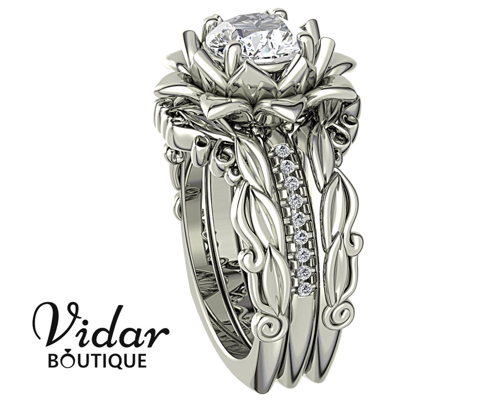 Flower Engagement Ring Wedding Ring Set Diamond Engagement | Etsy