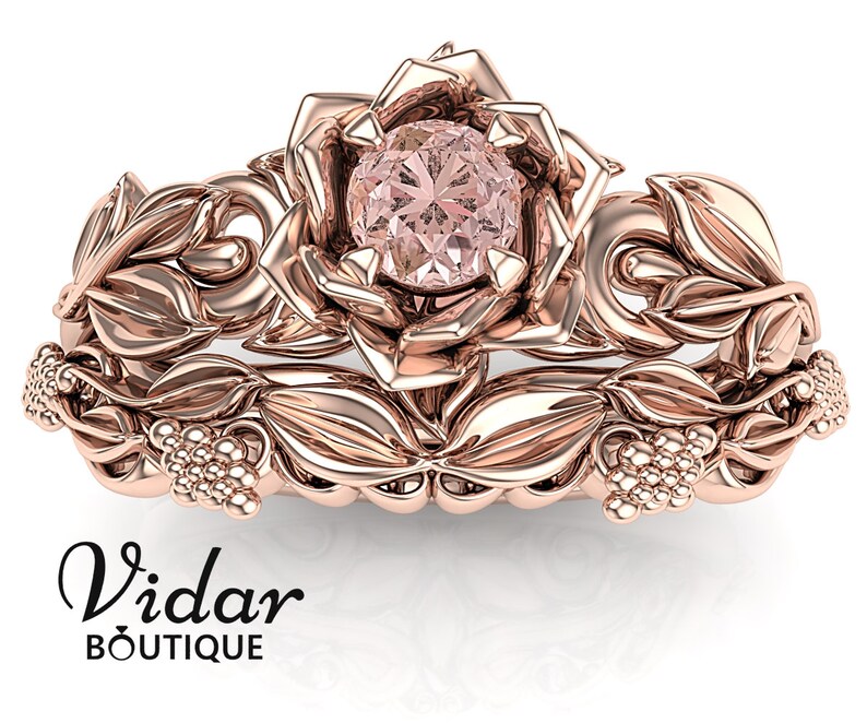 Flower Engagement Ring Set Rose Gold Morganite Ring Set | Etsy