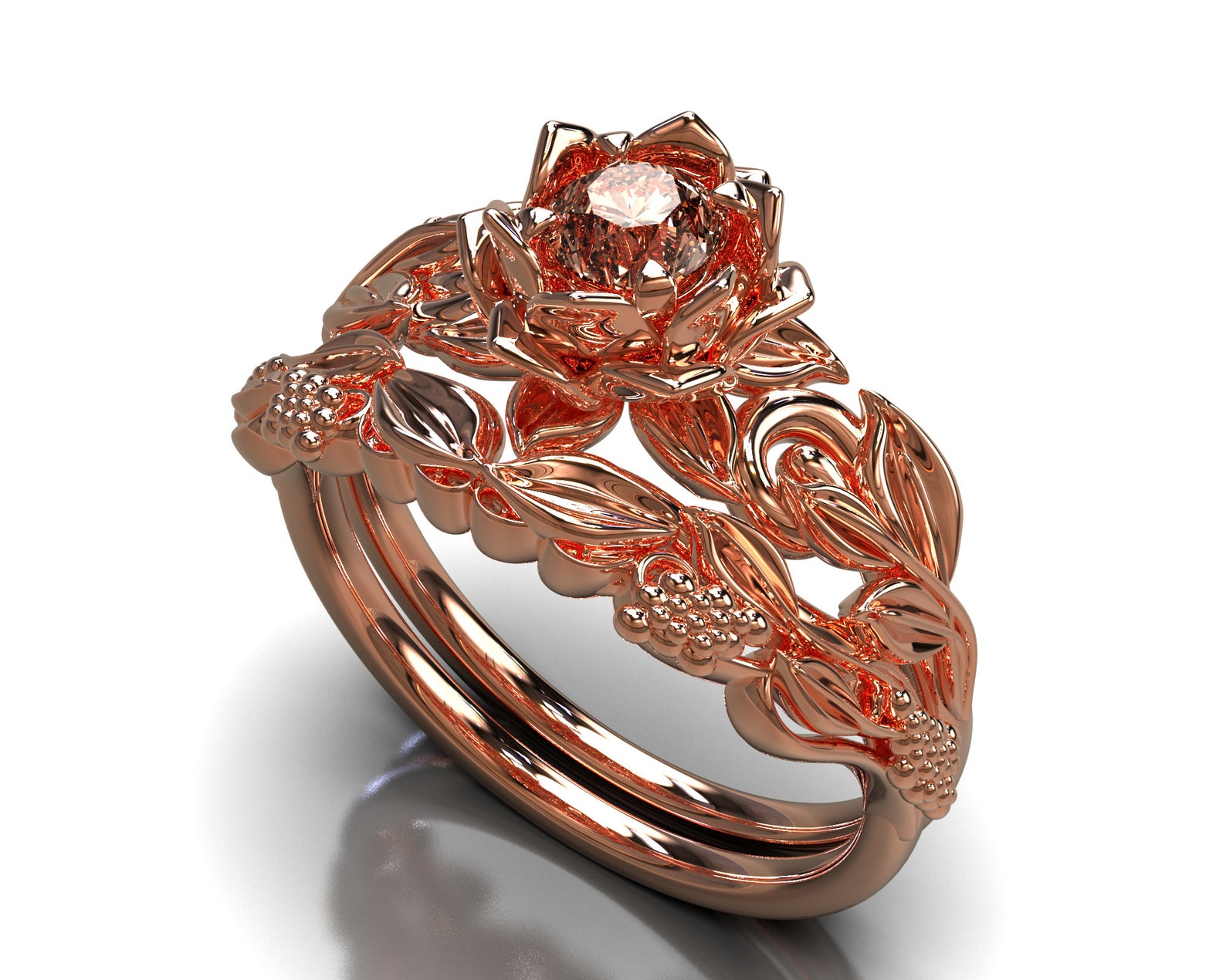 Flower Engagement Ring Rose Gold Leaf Ring Set Leaves Ring - Etsy