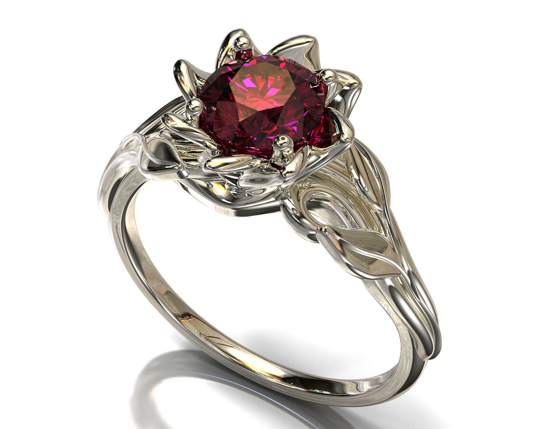 Ruby Engagement Ring Nature Ring Floral Red Ruby Leaf Ring Ruby Lotus Flower Ring Ruby Solitaire ...