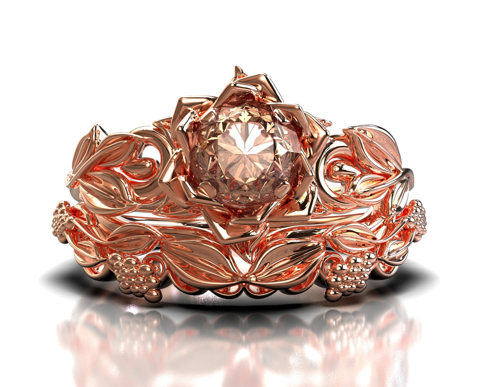 Flower Engagement Ring Rose Gold Leaf Ring Set Leaves Ring - Etsy