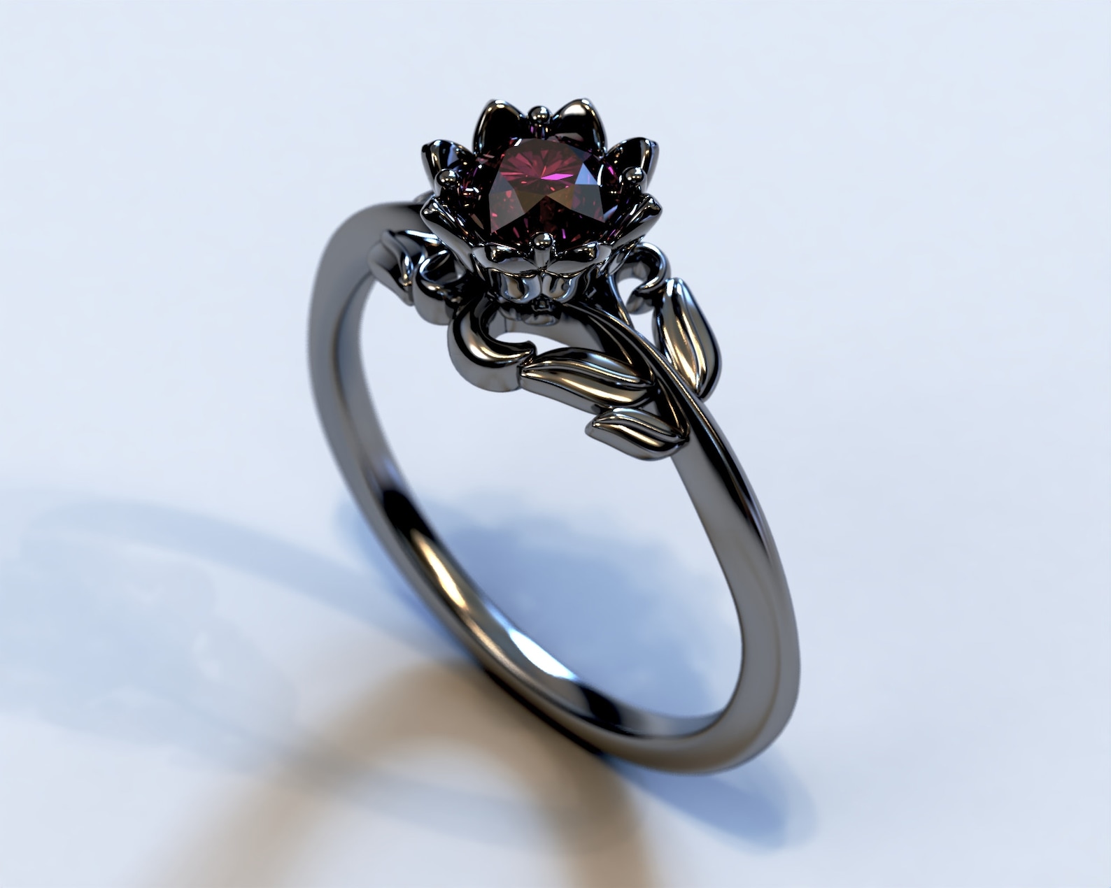 Flower Engagement Ring With Ruby / Black Gold Engagement Ring / Unique ...