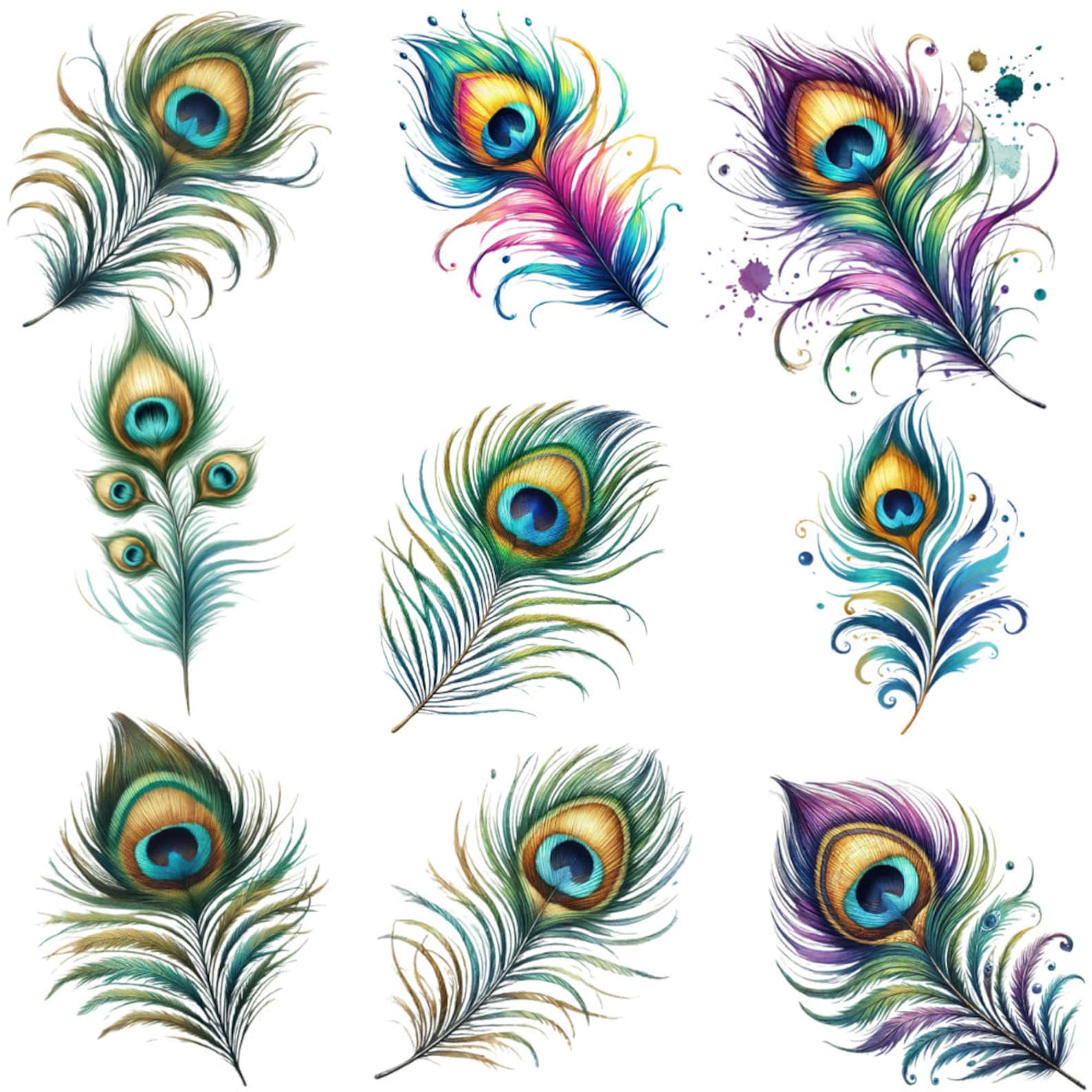 54 Watercolor Peacock Feather Clipart PNG Bundle, Digital Download ...