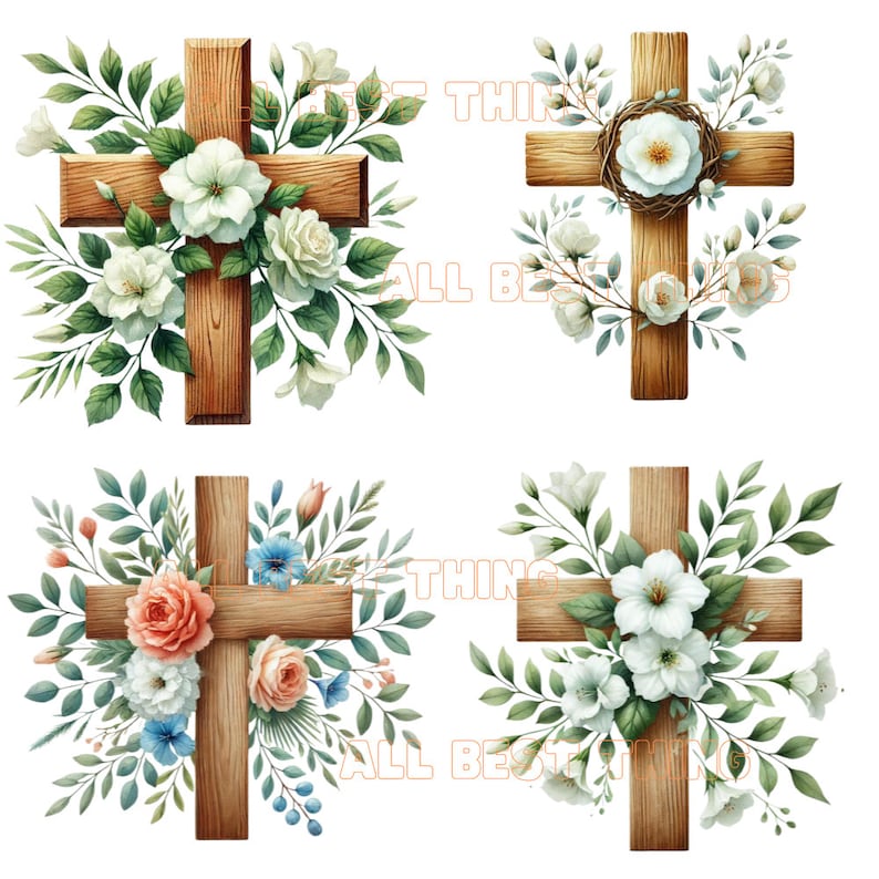28 Flower Cross Watercolor, Rose Cross Watercolor, Pastel Clipart Cross ...