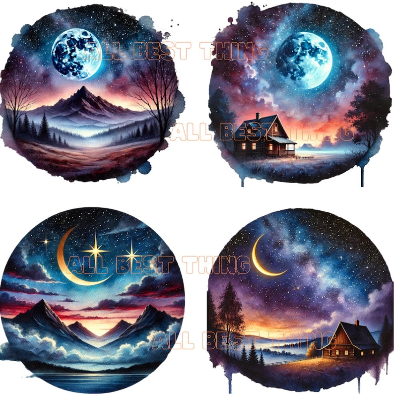 24 Night Sky Watercolor PNG Clipart, Stars Moon Style, Magical Clipart ...