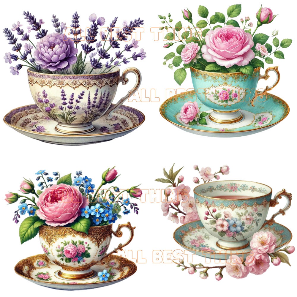 24 Floral Tea Cup PNG Clipart, Floral Tea Set, Printable Watercolor ...