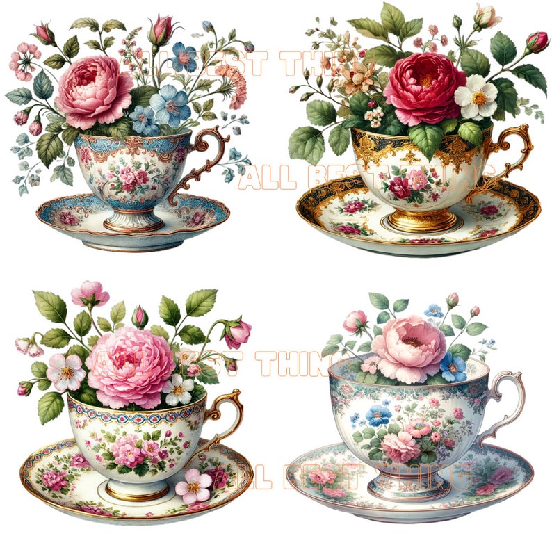 24 Floral Tea Cup PNG Clipart, Floral Tea Set, Printable Watercolor ...