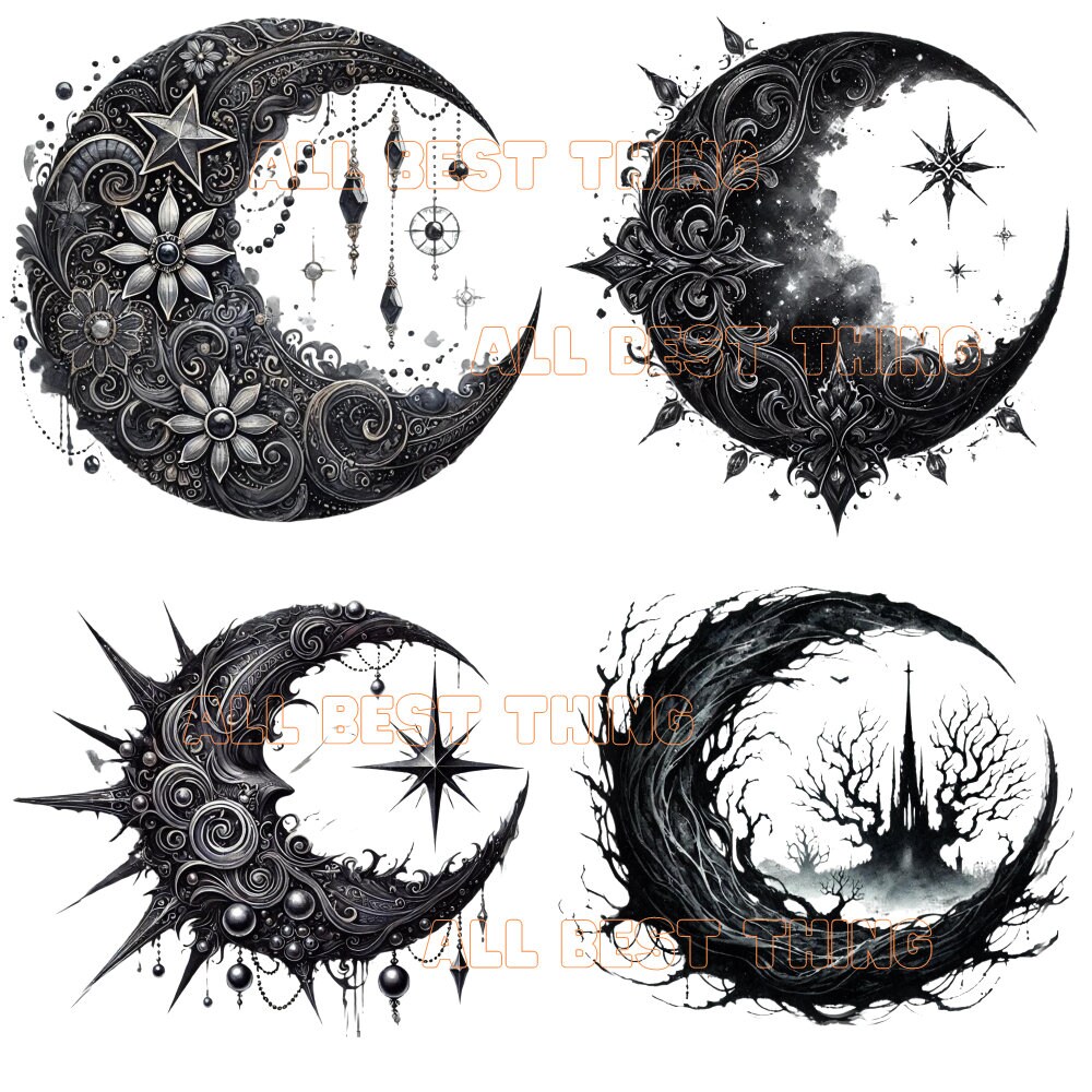 28 Black Celestial Mystical Moon Clipart PNG, Dark Lunar Watercolor ...
