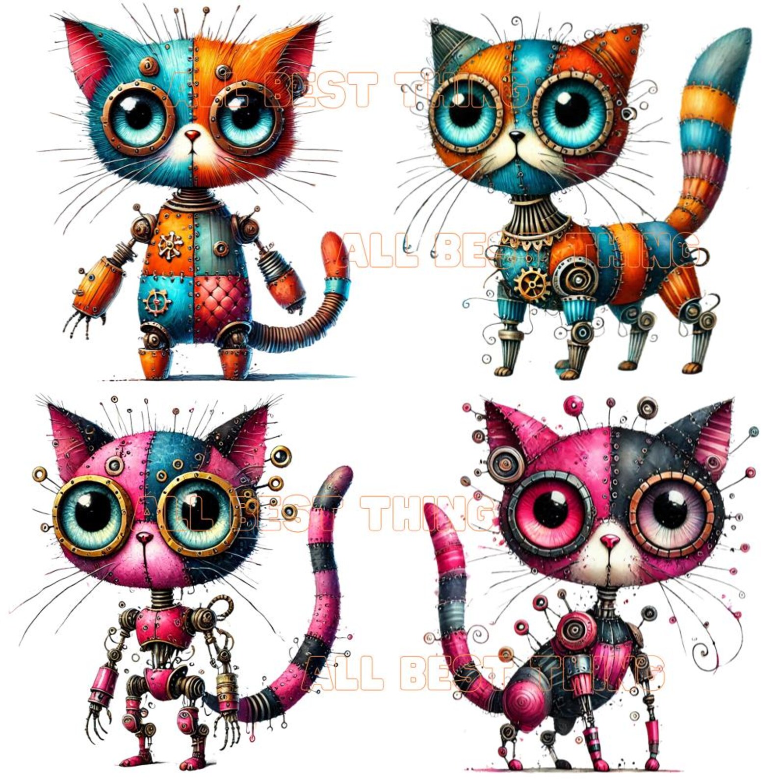 28 Meow Society Cat Clipart PNG, Digital Download Paper Set, Whimsical ...