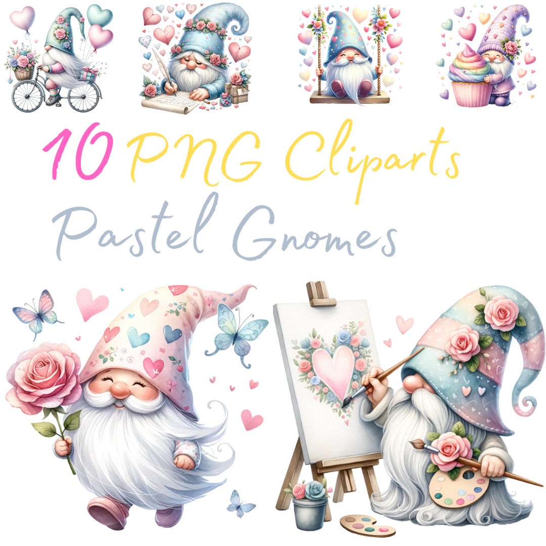 Pastel Gnomes Clipart Bundle, 10 Watercolor PNG Gnomes Clipart ...