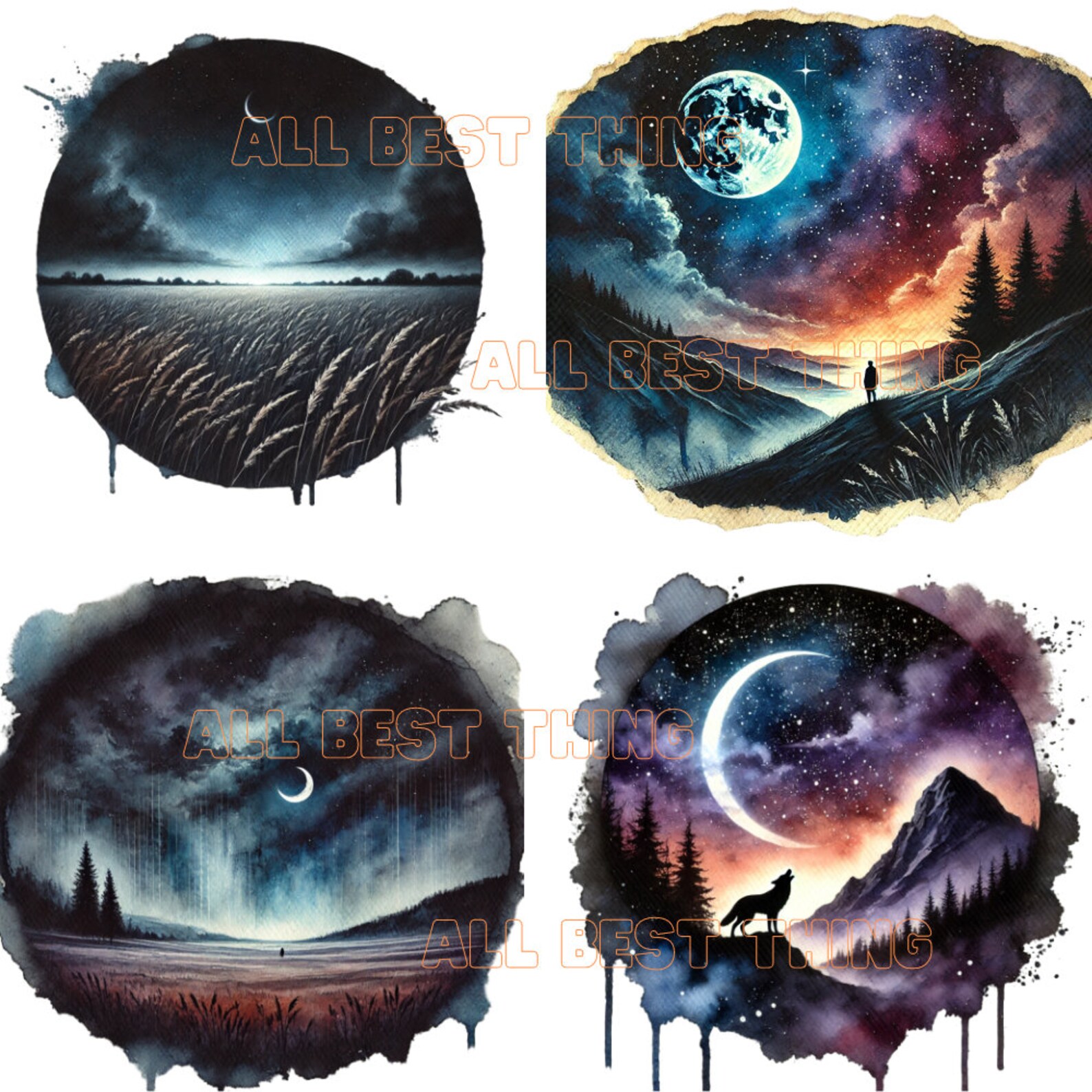 24 Night Sky Watercolor PNG Clipart, Stars Moon Style, Magical Clipart ...