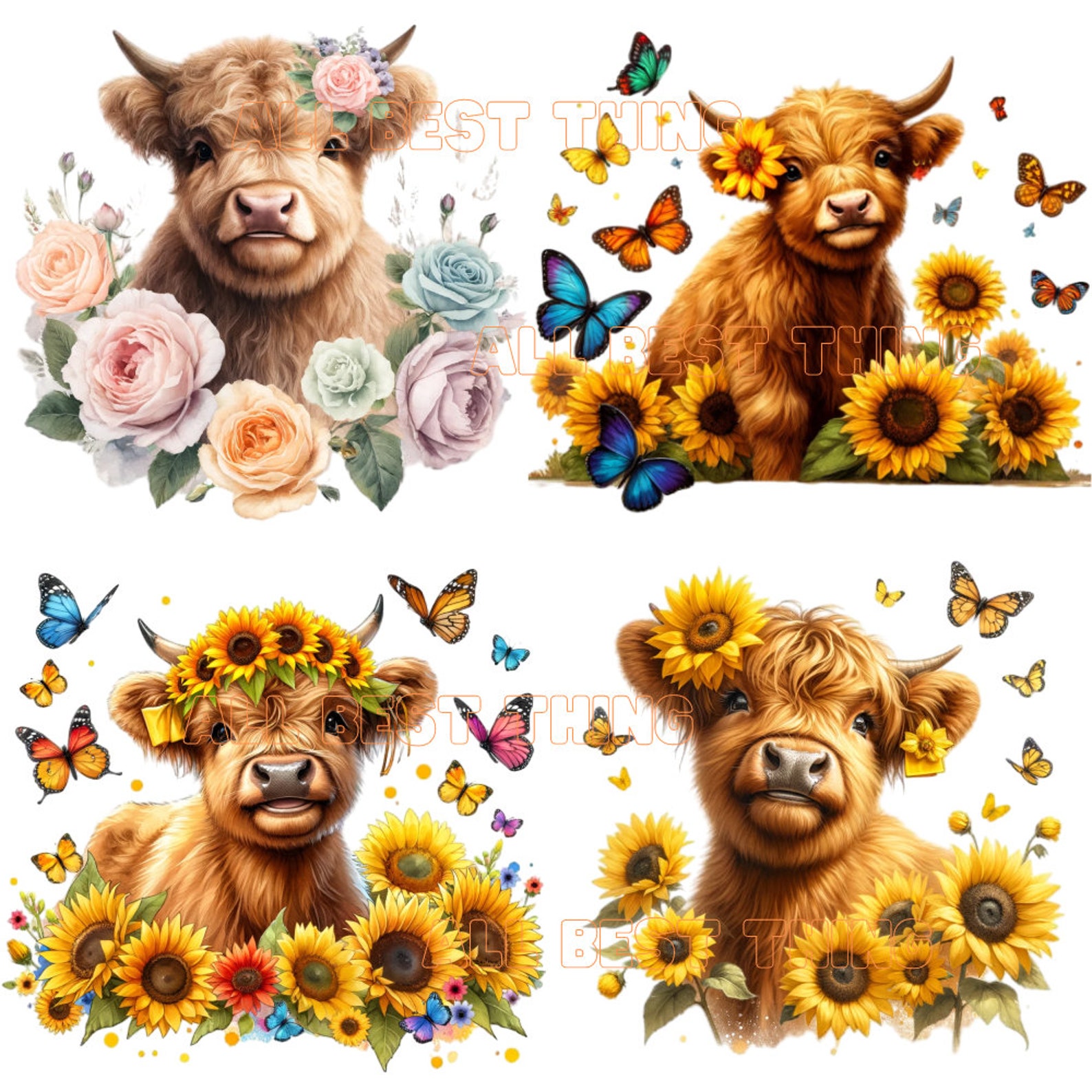 Highland Cow Baby Floral Clipart Png, Nursery Print, Highland Cow Png ...