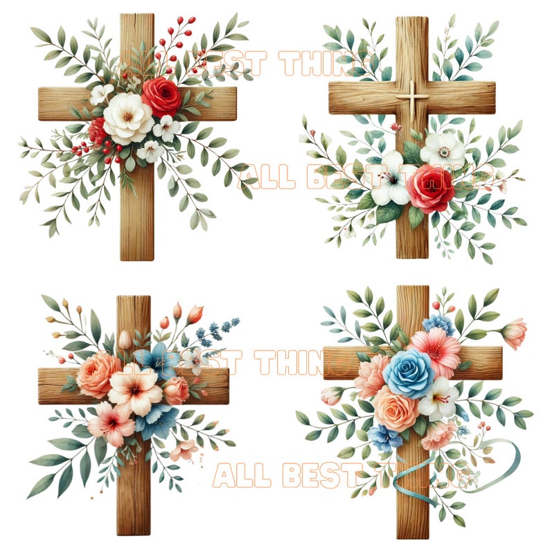 28 Flower Cross Watercolor, Rose Cross Watercolor, Pastel Clipart Cross ...