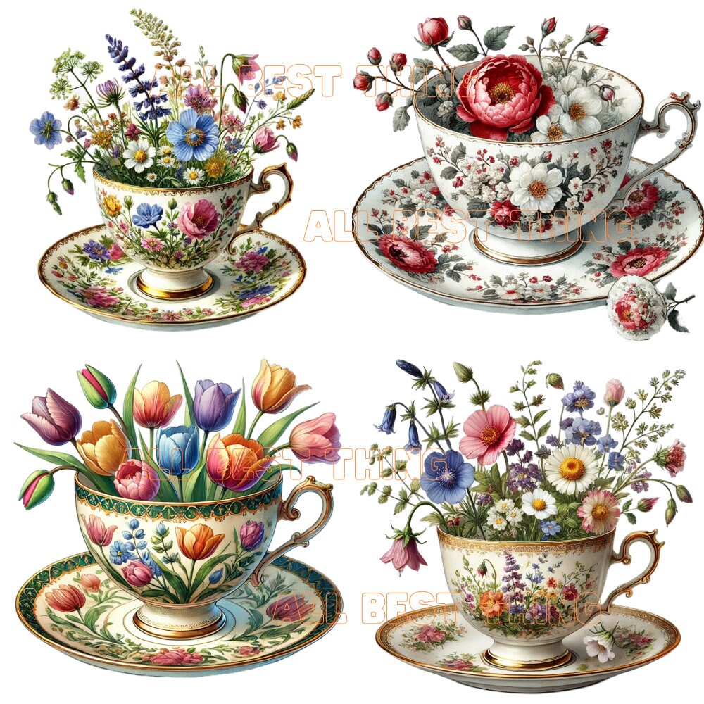 24 Floral Tea Cup PNG Clipart, Floral Tea Set, Printable Watercolor ...