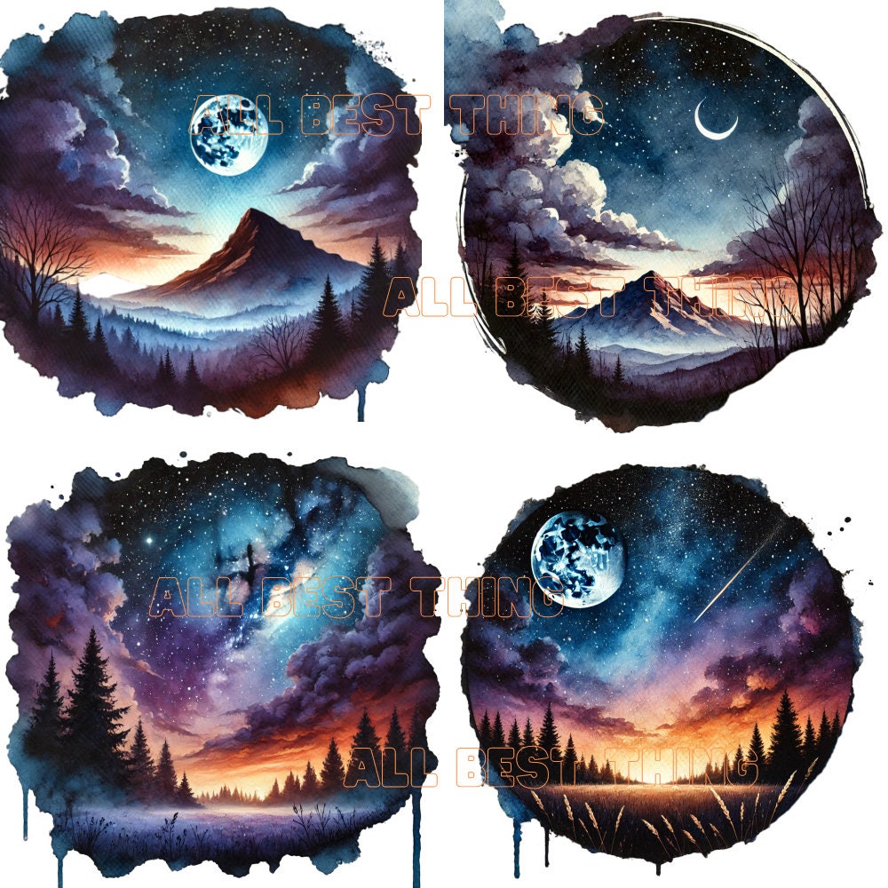 24 Night Sky Watercolor PNG Clipart, Stars Moon Style, Magical Clipart ...