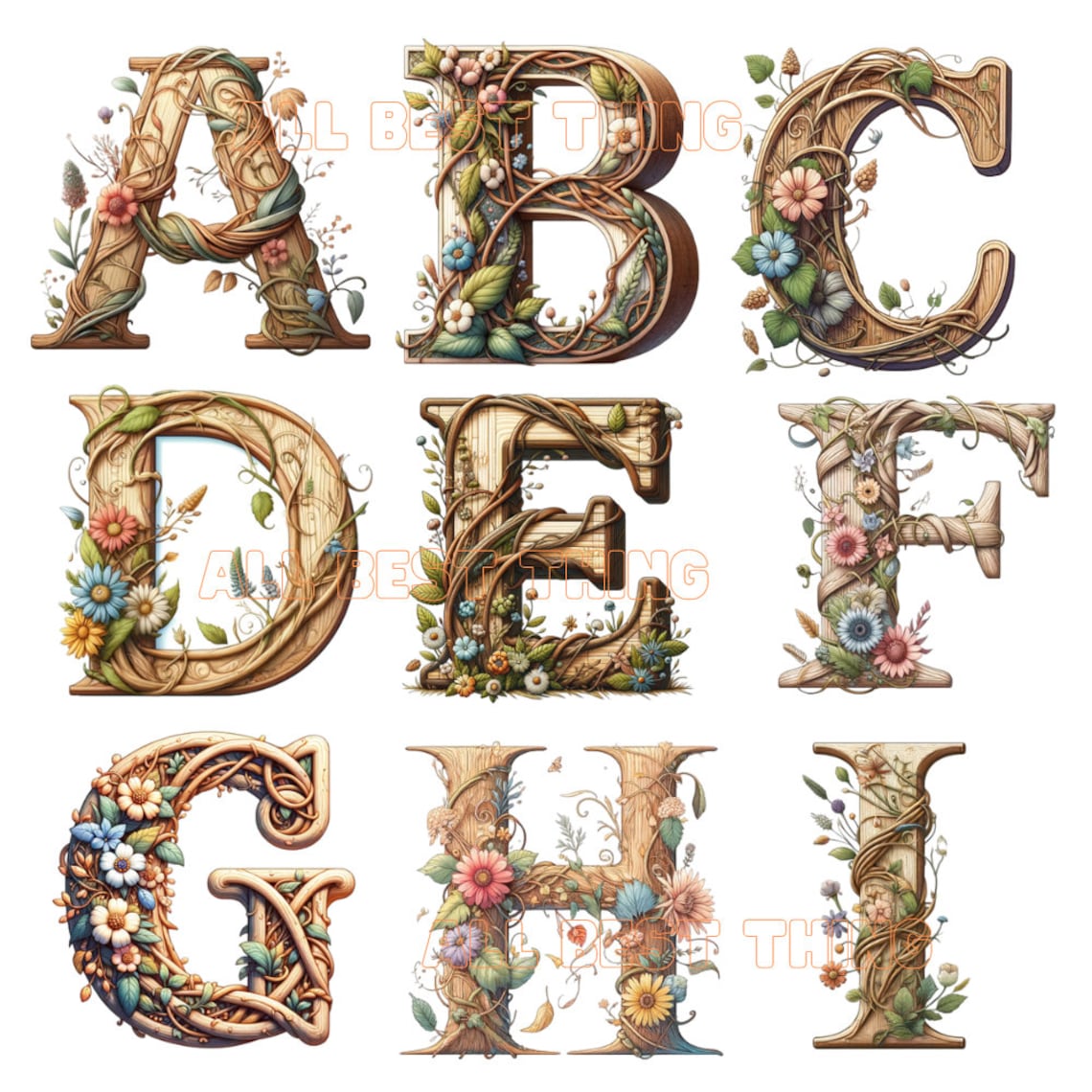 A-Z Wildflower Floral Alphabet PNG, Clipart Designs, Watercolor ...