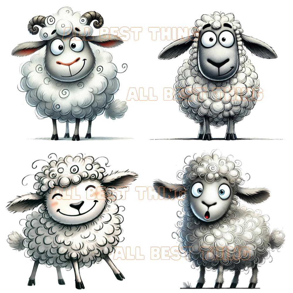 28 Watercolor Funny Sheep PNG Clipart, Whimsical Crazy Sheep Printable ...