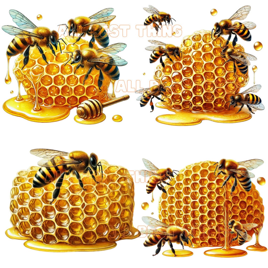 32 Bee PNG Clipart, Floral Bees PNG Clipart, Printable Watercolor ...