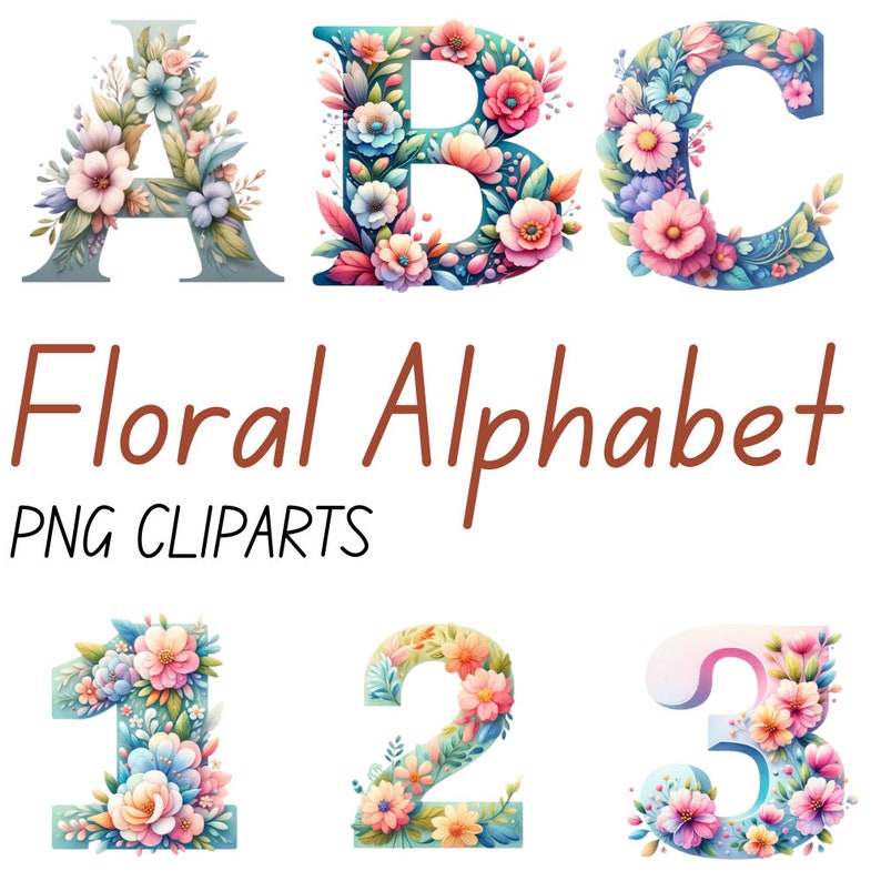 Watercolor Floral Alphabet Number Clipart , Floral Alphabet ...