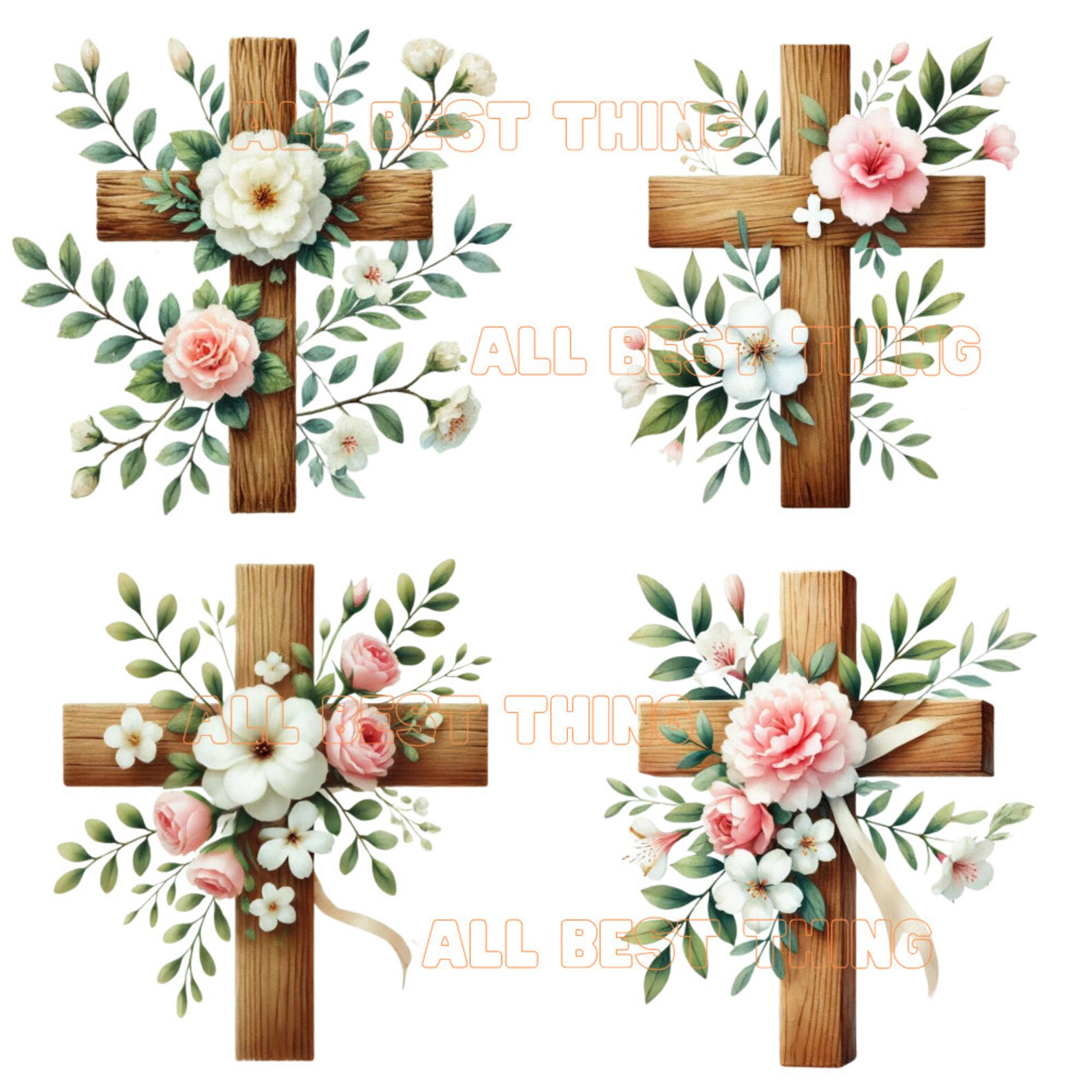 28 Flower Cross Watercolor, Rose Cross Watercolor, Pastel Clipart Cross ...