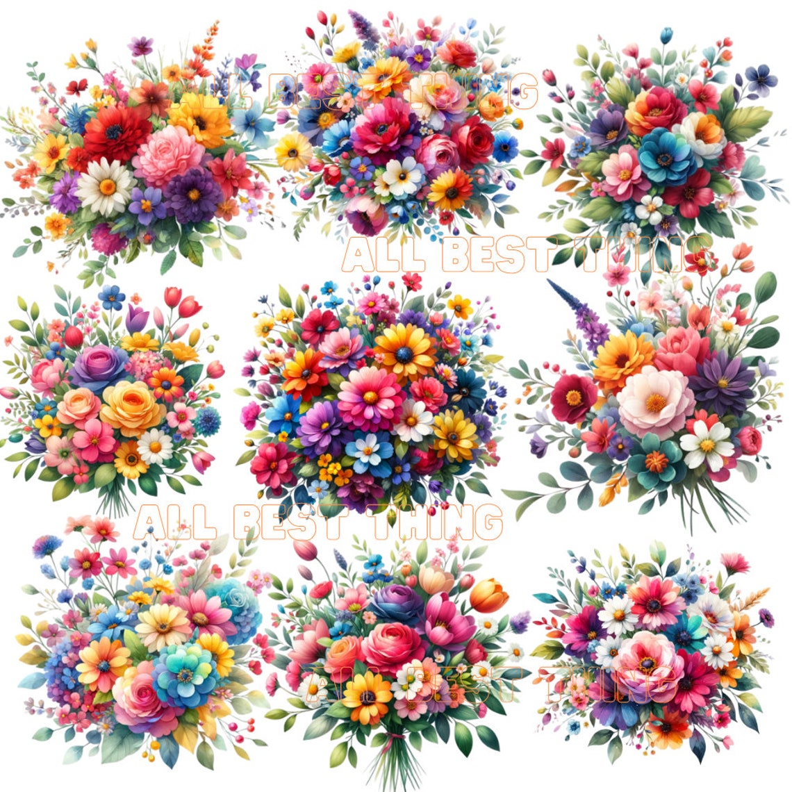 72 Colorful Flowers Bouquets PNG Clipart, Watercolor Floral Clipart ...