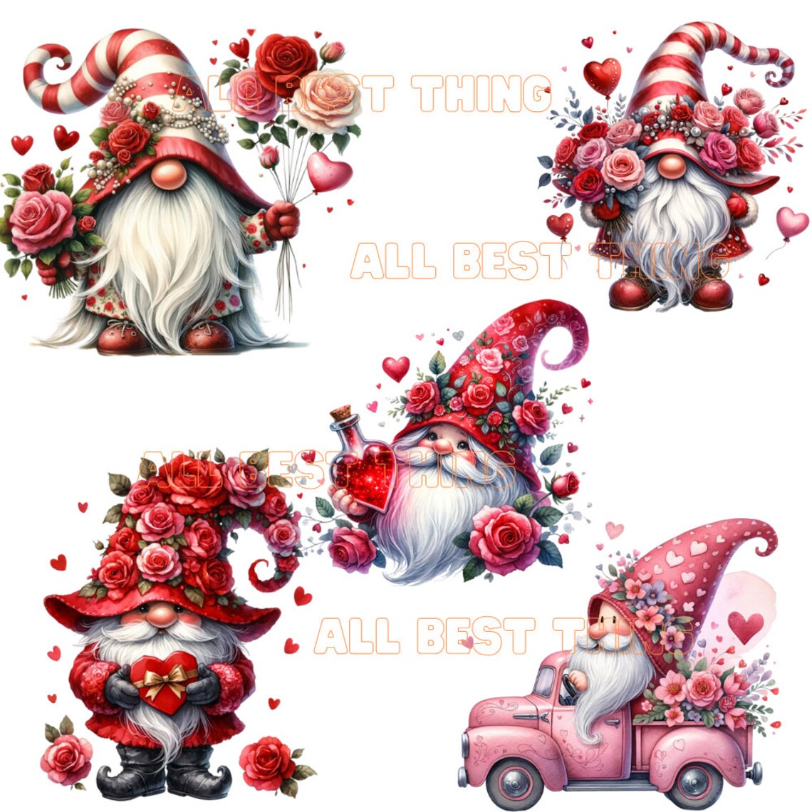 Valentines Gnomes Clipart Bundle, Watercolor PNG Gnomes Clipart ...