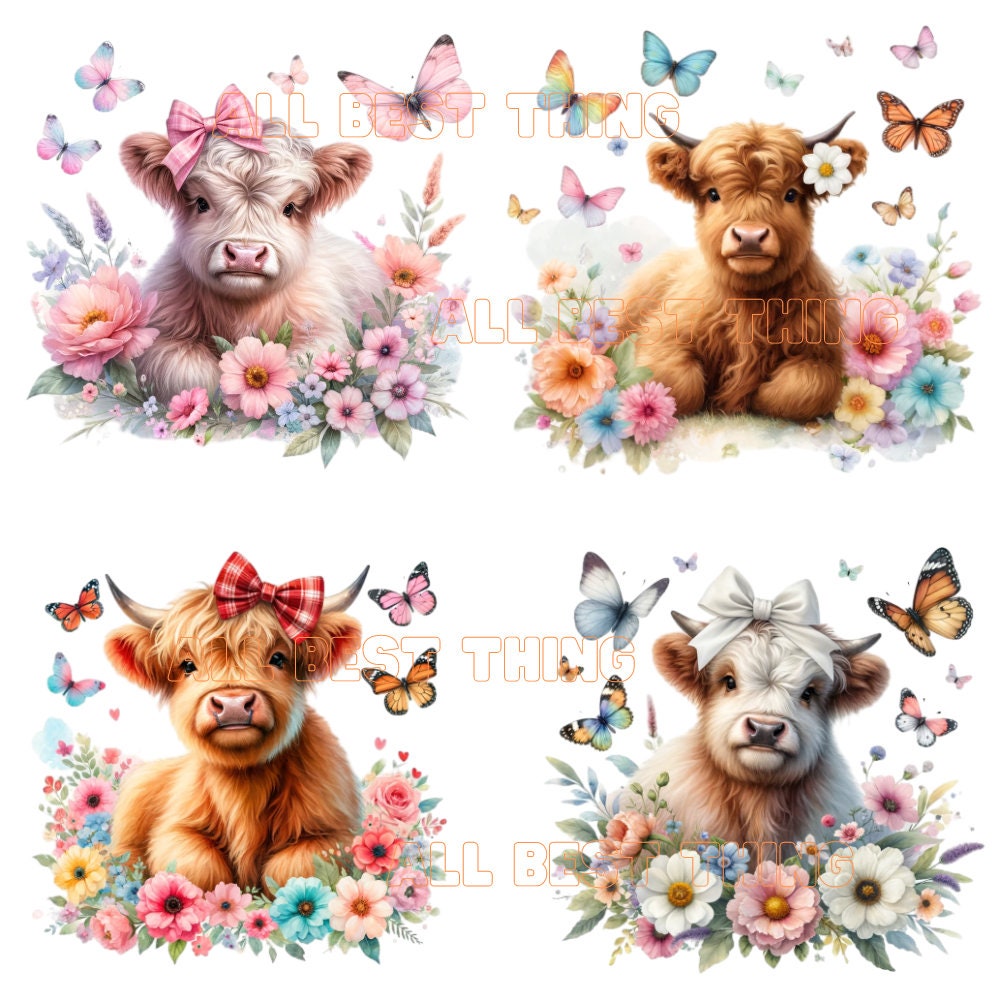 Highland Cow Baby Floral Clipart Png, Nursery Print, Highland Cow Png ...