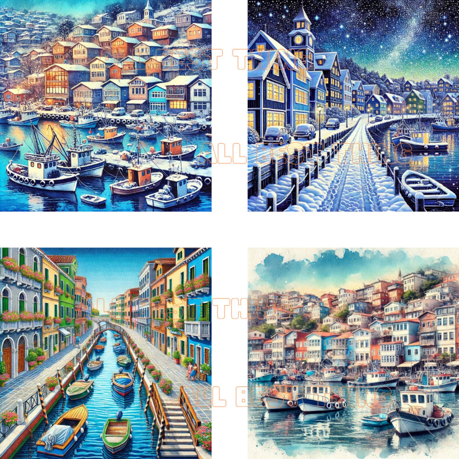 24 Watercolor Harbour Scenes PNG Clipart - Digital Print, Watercolor ...