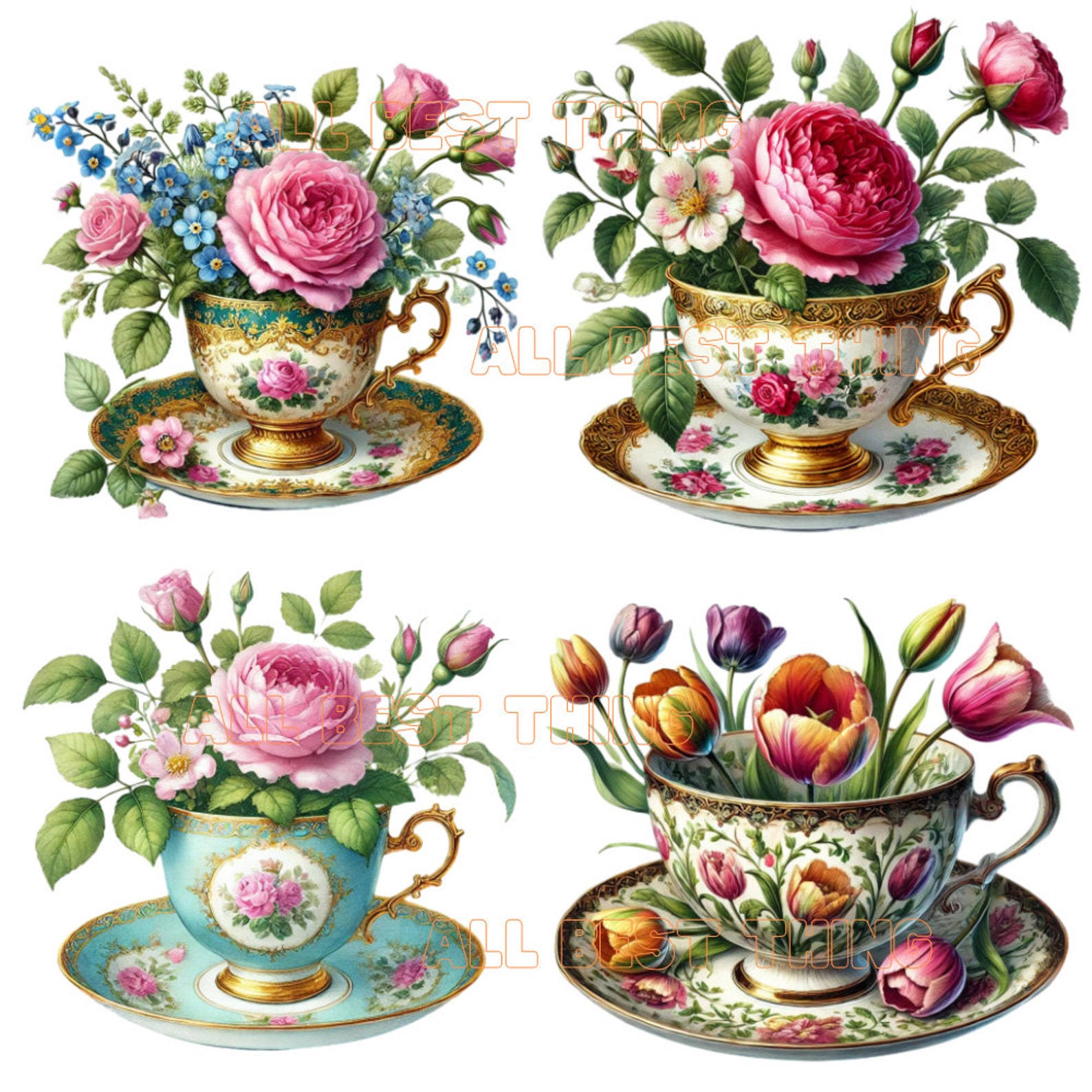 24 Floral Tea Cup PNG Clipart, Floral Tea Set, Printable Watercolor ...