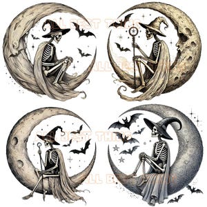 28 Skeleton Moon Clipart PNG, Witches Moon PNG, Crane Lunar Watercolor ...