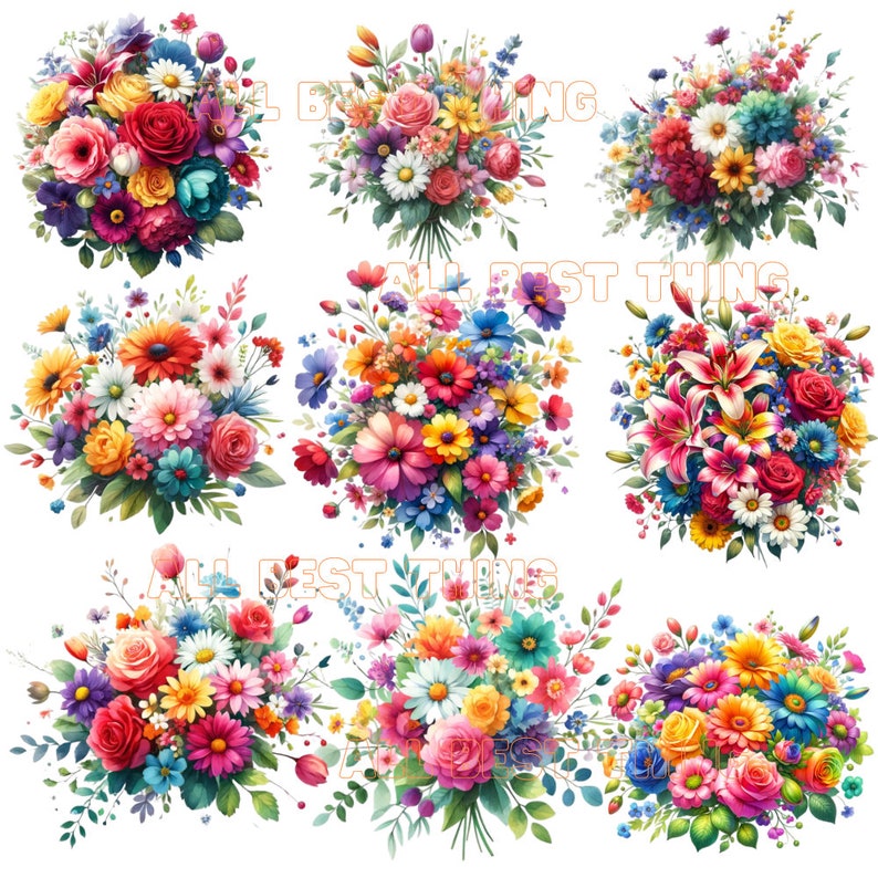 72 Colorful Flowers Bouquets PNG Clipart, Watercolor Floral Clipart ...