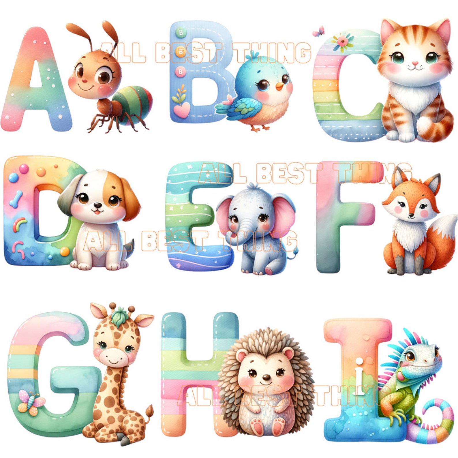 Watercolor Cute Animal Alphabet Collection Clipart, PNG Nursery Clipart ...