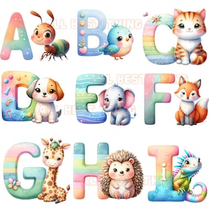 Watercolor Cute Animal Alphabet Collection Clipart, PNG Nursery Clipart ...