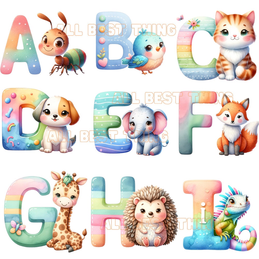 Watercolor Cute Animal Alphabet Collection Clipart, PNG Nursery Clipart ...