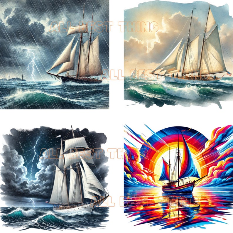 24 Colorful Sailboat PNG Clipart, Watercolor Coastal Sailboat Clipart ...